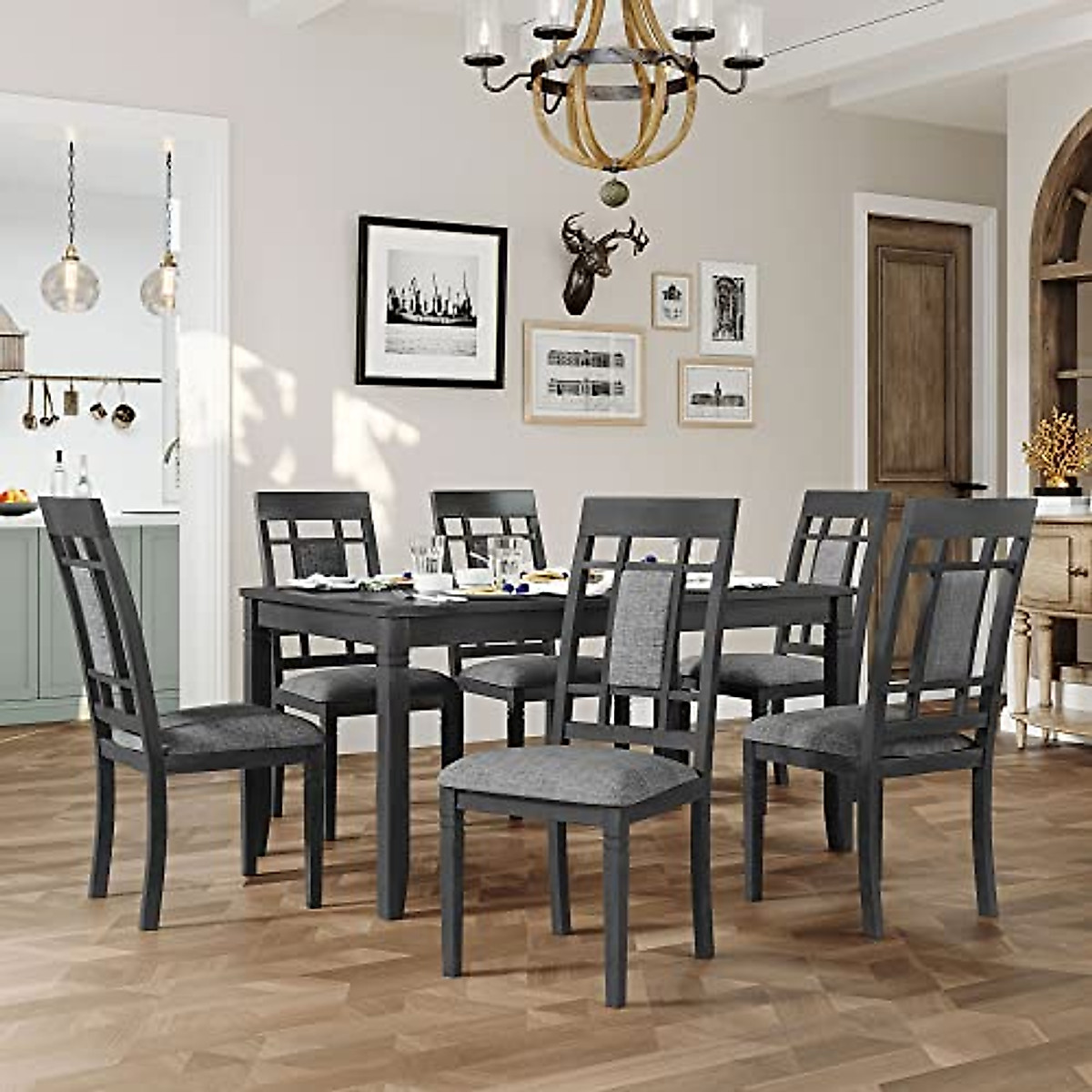 Woanke Table & Chair 7 Piece Dining, Extendable 6 Upholstered Chairs, Breakfast Nook Table Set for Restaurant, Living Room, Kitchen Area, 3-Gray