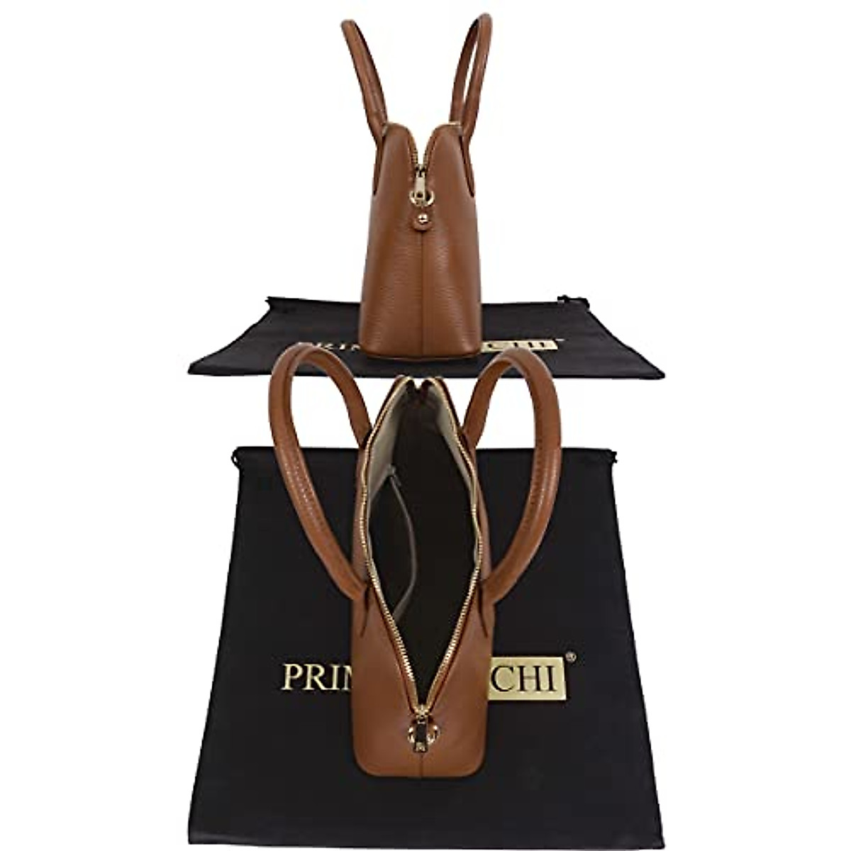 PRIMO SACCHI Italian Textured Dark Tan Leather Bowling Style Tote Grab Shoulder Bag Handbag Purse