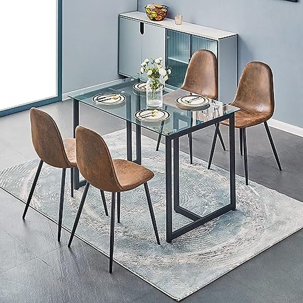 FurnitureR 47" Modern Rectangular Dining Table with Spacious Tempered Glass Tabletop & Black Legs Elegant for Home Kitchen Restaurant