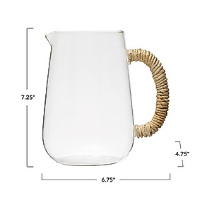 Bloomingville Glass Pitcher with Natural Rope Wrapped Handle Serving Pieces, 7"L x 5"W x 7"H, Clear & Natural