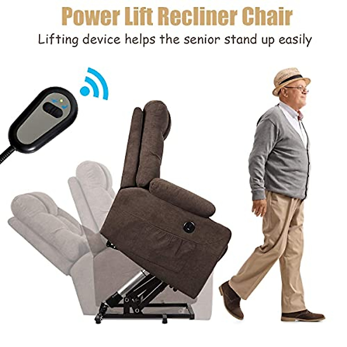 Giantex Power Lift Chair Electric Recliner Sofa for Elderly, Fabric Reclining Sofa w/ 8 Point Massage & Lumbar Heat, 2 Side Pockets Cup Holders USB Charge Port, Motorized Sofa Chair for Living Room