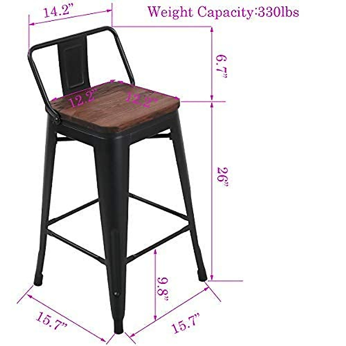 Changjie Furniture 26 Inch Bar Stools Set of 4 Industrial Metal Barstools Counter Height Bar Stool with Backs for Home Kitchen (26 inch, Black)