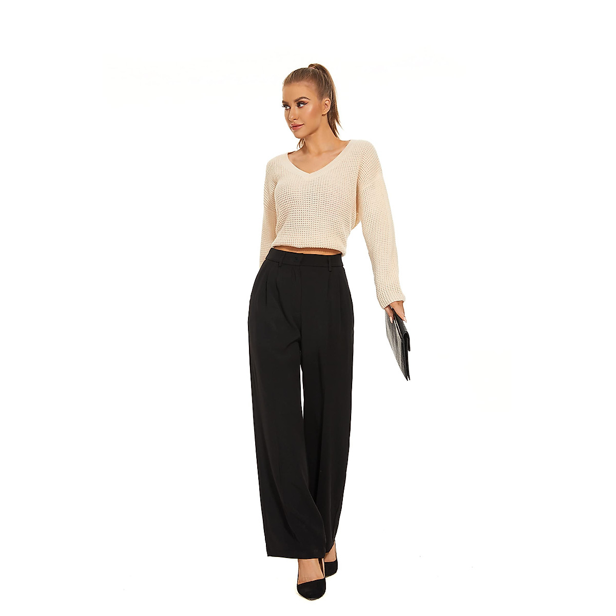 FUNYYZO Women Wide Leg Pants High Elastic Waisted in The Back Business Work Trousers Long Straight Suit Pants