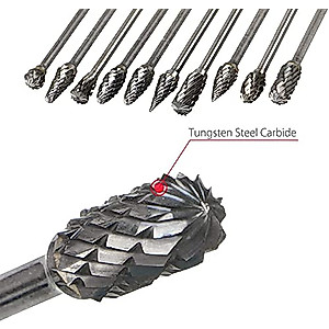 Yakamoz 10Pcs 3mm (1/8") Shank Long Double Cut Tungsten Carbide Burrs Rotary Files Diamond Burs Bit Set for Die Grinder Rotary Tool, 4-Inch Length