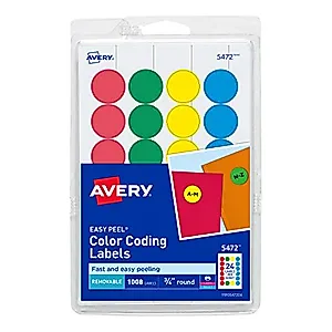 Avery Removable Color-Coding Labels, Removable Adhesive, Assorted Colors, 3/4" Diameter, 1,008 Labels (5472)