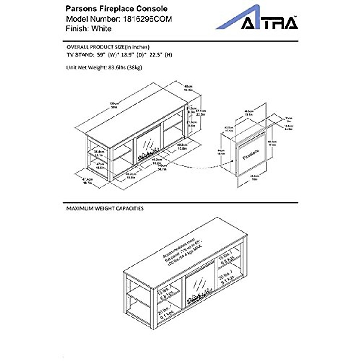 Beaumont Lane Electric Fireplace Heater TV Stand Console in White