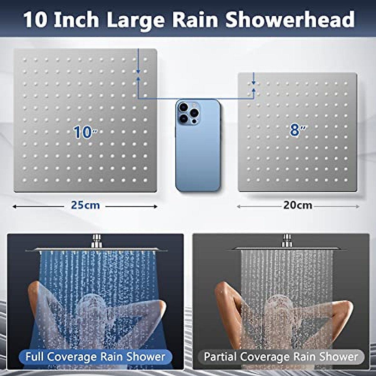 Shower Head High Pressure, 10" Rain Shower Head with Handheld Combo, with Upgraded 12" Adjustable Curved Shower Extension Arm, 4 Settings Handheld Shower Built-in Power Wash, Height/Angle Adjustable