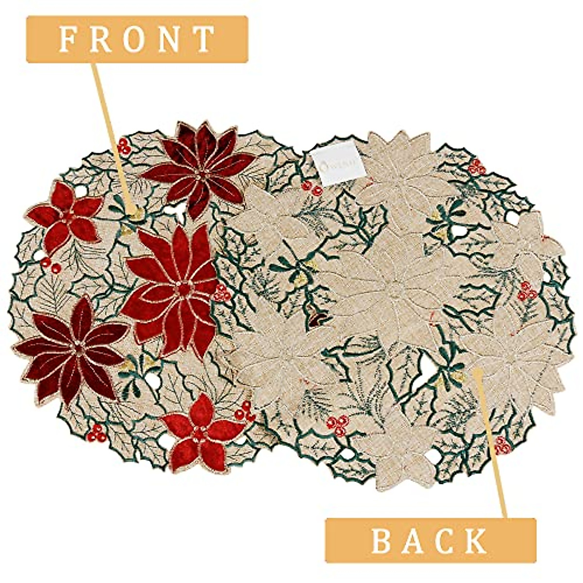 OWENIE Christmas Placemats Set of 4, Embroidered Applique Round Placemats Set of 4, Red Velvet Poinsettia Flower Linen Table Mats for Holiday Kitchen Dining Table Decorations (15 Inch)