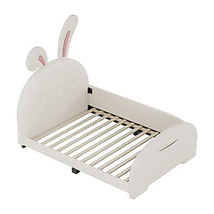 BEDGJH Twin Size Upholstered Rabbit-Shape Princess Bed, Wood Twin Size Platform Bed Frame with Headboard and Footboard for Kids Teens Girls Boys, Fun Design & Easy Assembly (White)