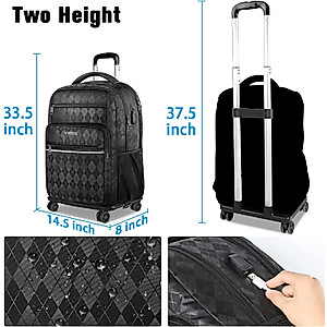 Rolling Backpack, Waterproof Travel Backpack with Wheels for Men Women Adults, 17 Inch Wheeled Roller Bag with USB Charging Port, Carry on Luggage Laptop Backpack for Business College School, Black
