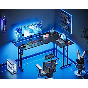 MOTPK L Shaped Gaming Desk with Led Lights, 51 Inch Gaming Computer Desk with Carbon Fiber Texture, Pc Gaming Table with Power Outlet and Headphone Hook, L Desk for Gaming, Black