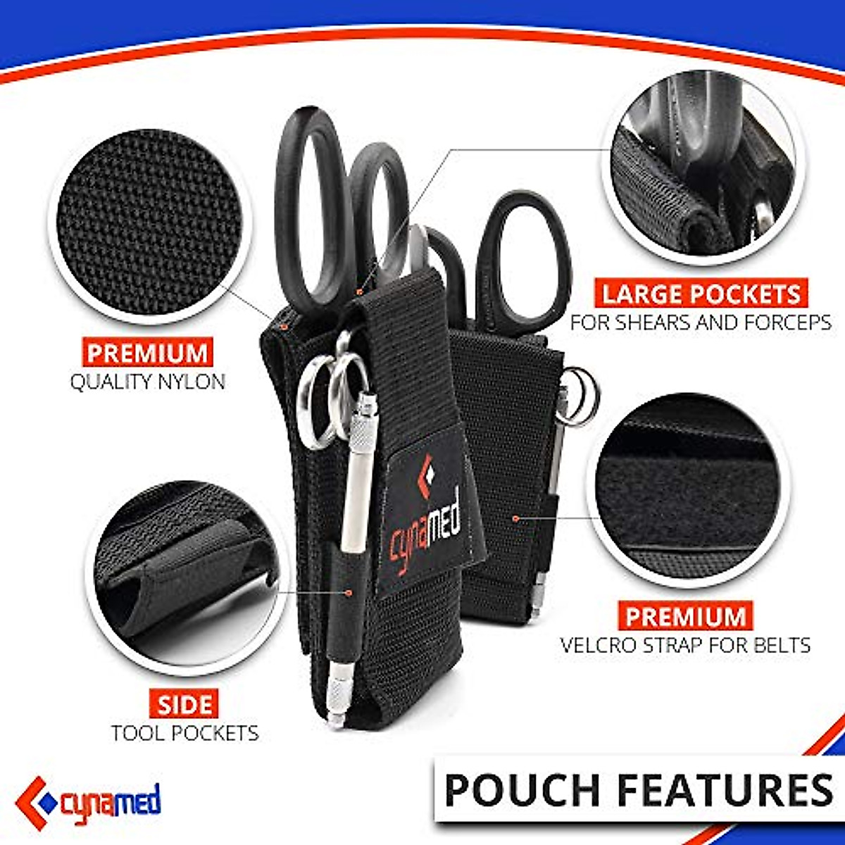 Cynamed First Responder Medical Tool Kit - Bandage Scissors, Magnetic Debris Remover, EMT Shears, Hemostat, Tweezers - Adjustable Multi-Pocket Nylon Belt Pouch - Paramedic, Nurse, Emergency Responders