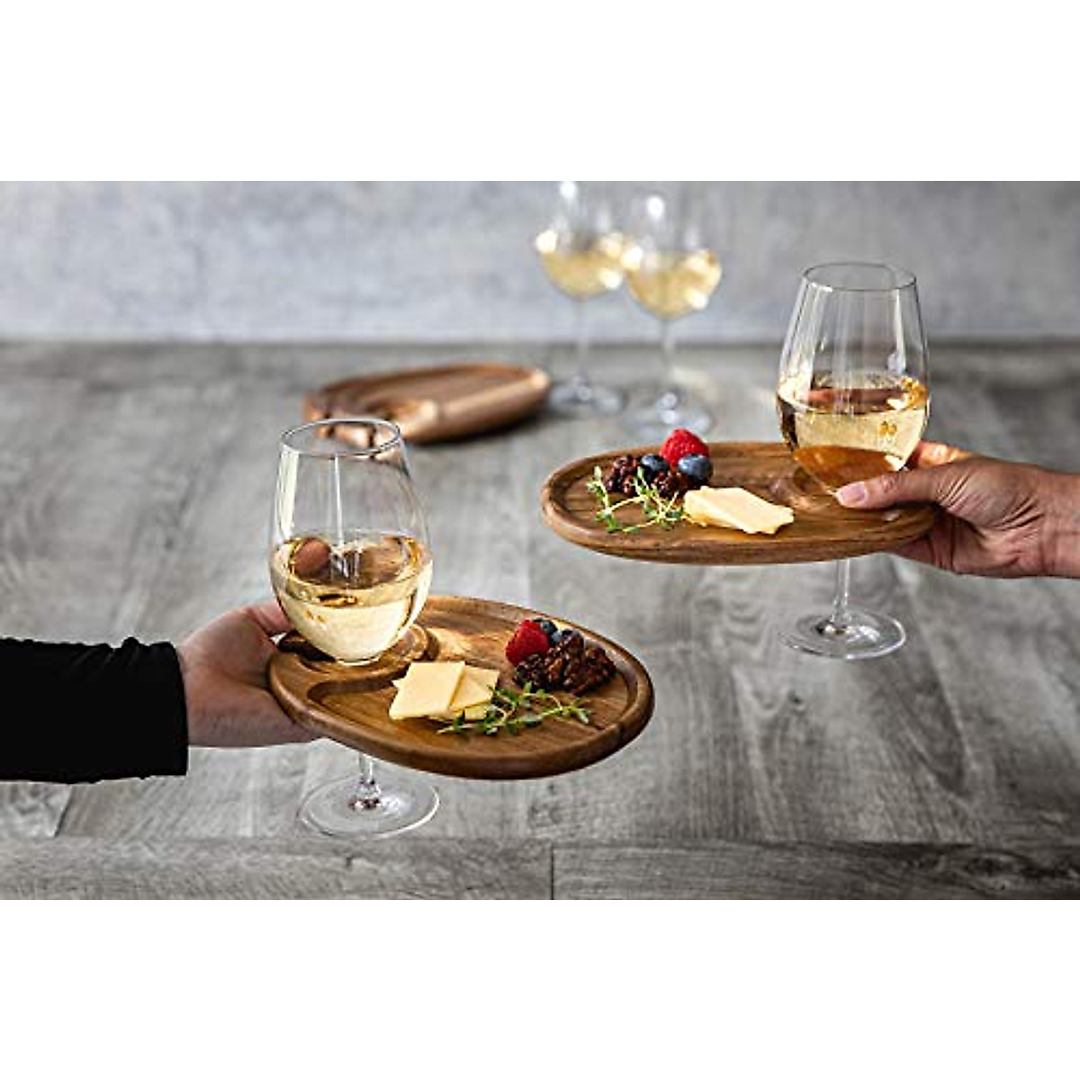 PICNIC TIME TOSCANA -Wine Appetizer Plates, Cocktail Plate with Glass Holder, Cheese Board with Wine Holder, (Acacia Wood), 9 x 6, Set of 4