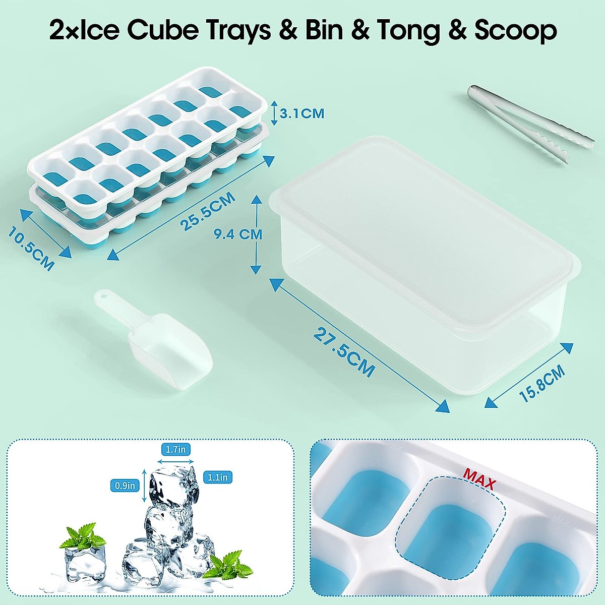 DOQAUS Ice Cube Tray with Lid and Bin, Upgraded Silicone Ice Cube Trays for Freezer with Container Ice Cube Maker Stackable Easy Release, 2 Pack Ice Trays & 1 Pack Ice Bucket Tong Scoop