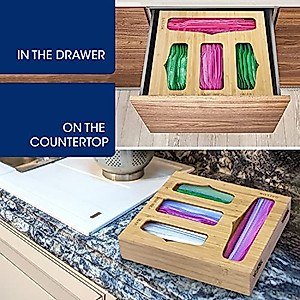 THAETEX Bag Storage Organizer - Bamboo Organizer for Kitchen Drawer | Compatible with Quart Slider, Gallon, Quart, Sandwich, Snack | Comes with Erasable Stickers and Bag Holder (1 Box 4 Slots)