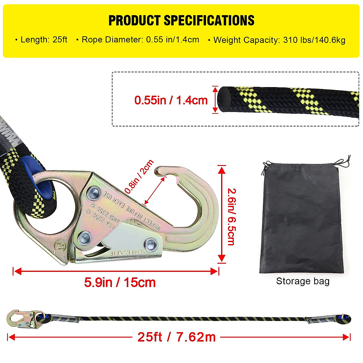 Vertical Lifeline Rope Assembly 25 ft with Rope Grab Snap Hooks Shock Absorber CE Standard for Fall Protection Roofing Safety Equipment Tools Rope Kits