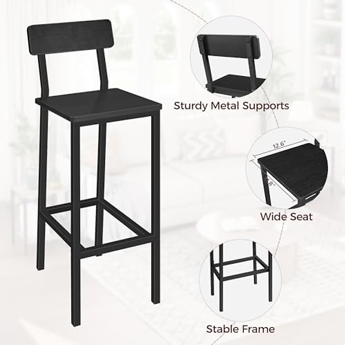 MAHANCRIS Bar Chairs, Set of 2 Bar Stools with Backrest, 25.6" Tall Counter Bar Stools, Kitchen Bar Stools with Footrest, for Dining Room, Bar, Easy Assembly, Black BAHB03101