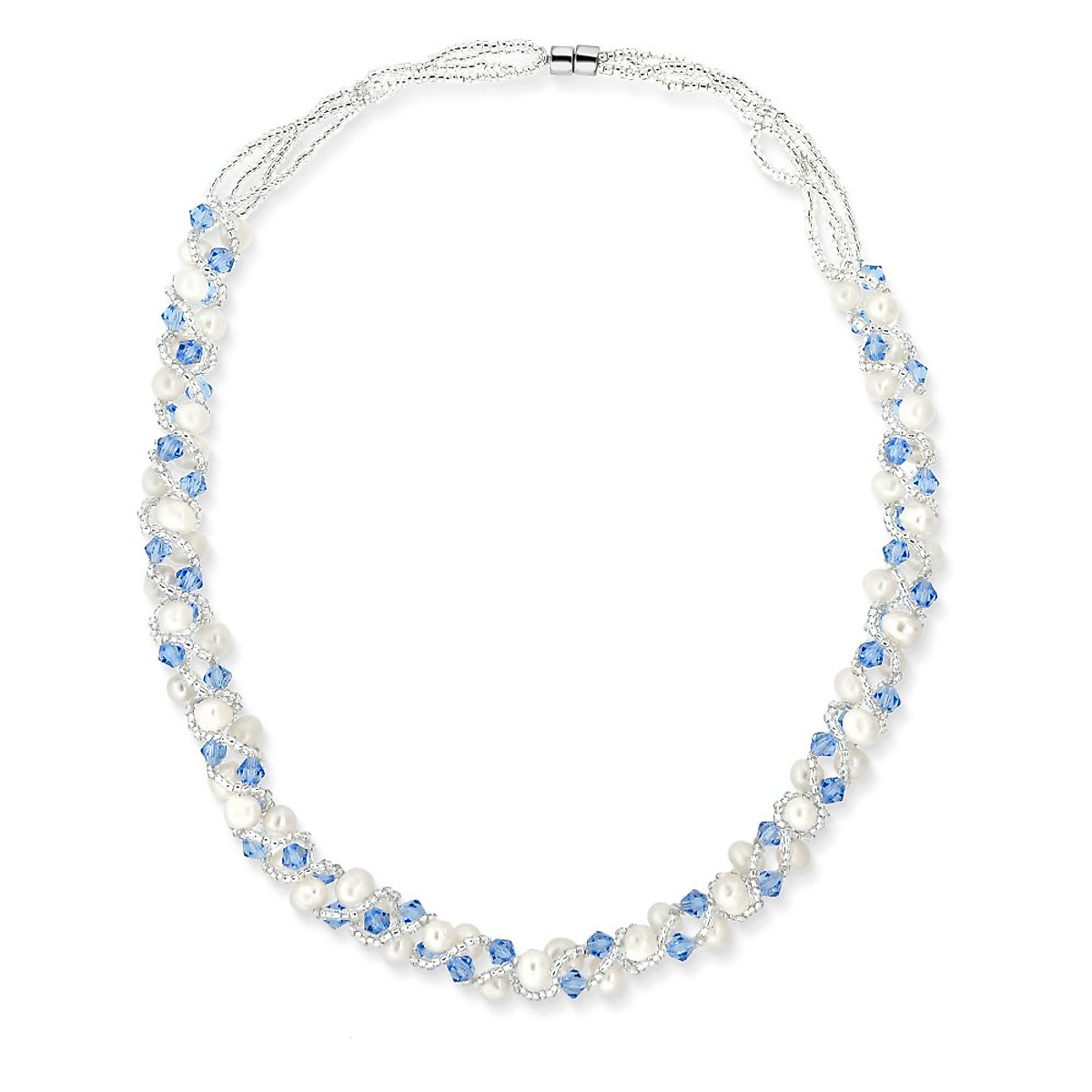 Gem Stone King 17 Inch White Cultured Freshwater Pearl and Blue Crystal Mash Necklace and Bracelet Set For Women (Necklace: 17 Inch, Bracelet: 6.5 Inch)