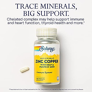 Solaray Zinc Copper Amino Acid Chelates, Healthy Cellular, Heart & Thyroid Function Support, Vegan, 100ct, 100 serv.
