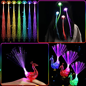 122 PCS Glow In The Dark Party Supplies Light Up Toy Party Favors with 12 Flashing Glasses LED Bracelets Flashing Hair Neon Peacock Finger Light LED Whistle Glow Hand Clappers and 50 Finger Lights
