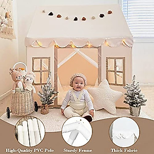 Large Kids Play Tent with Windows, Tassels, Star Light & Padded Mat Kids Tent Playhouse for Kids Indoor & Outdoor Bed Tent for Toddler Toys for Boys Girls Neutral Play Room Furniture, Beige