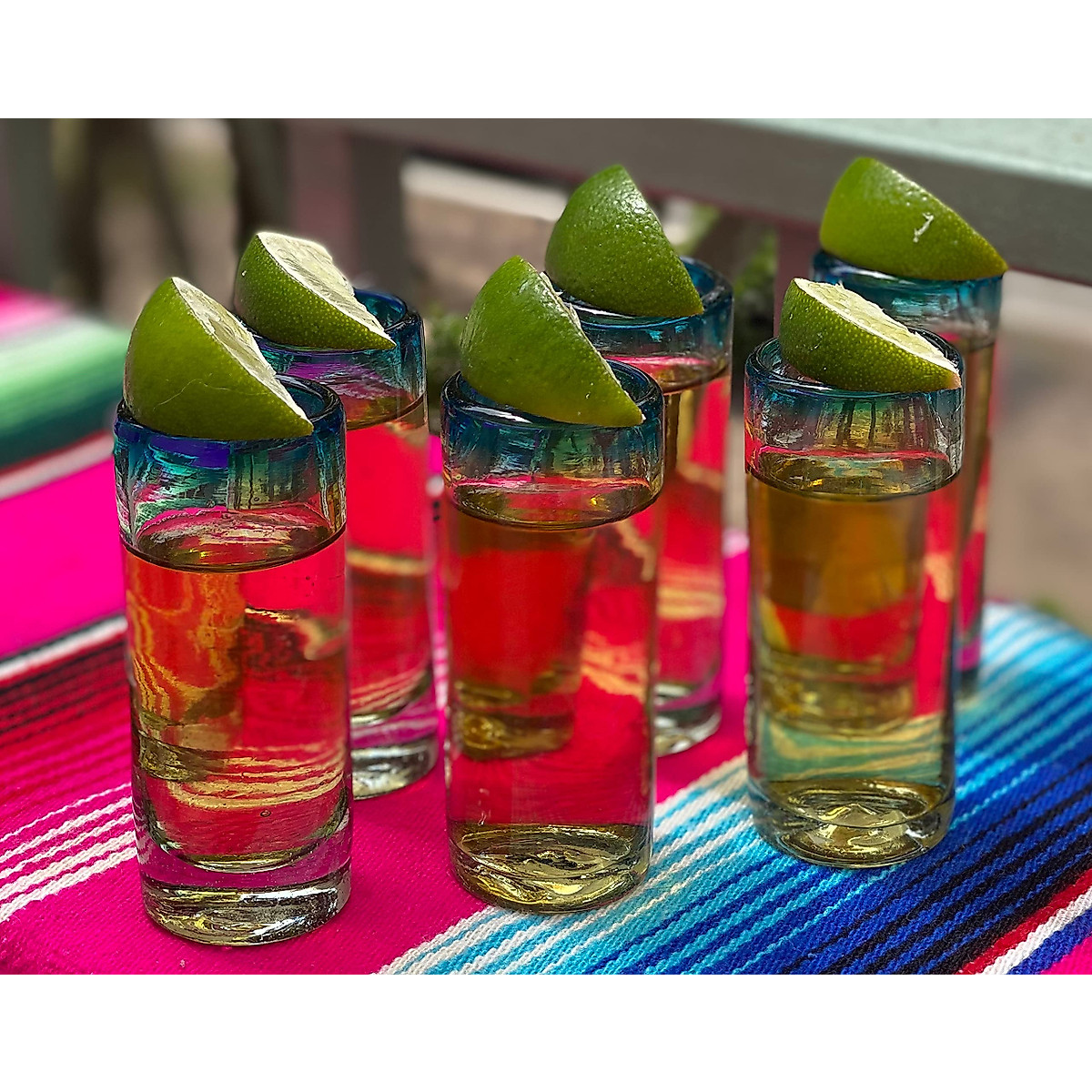 Dos Sueños Hand Blown Mexican Tequila Shot Glasses – Set of 6 Aqua Rim Tequila Shot Glasses (2 oz each) …