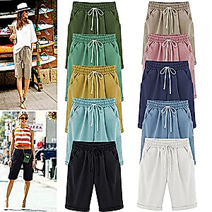 Bravetoshop Women's Cotton Linen Shorts Comfy Casual Elastic Waist Simple Shorts Outdoor Travel Home Wear Shorts (White,XXXXL)