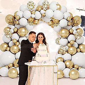 RUBFAC 104pcs Gold and White Balloons Garland Arch Kit with Gold Confetti Balloons for Baptism Wedding Birthday Party Decoration