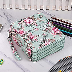 BTSKY Colored Pencil Case- 160 Slots Pencil Holder Pen Bag Large Capacity Pencil Organizer with Handle Strap Handy Colored Pencil Box with Printing Pattern Rose