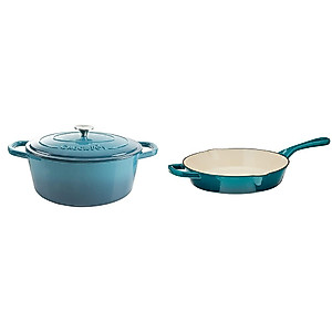 Crock-Pot Artisan Oval Enameled Cast Iron Dutch Oven (7-Quart) and Skillet (10 Inch) Bundle, Teal Ombre