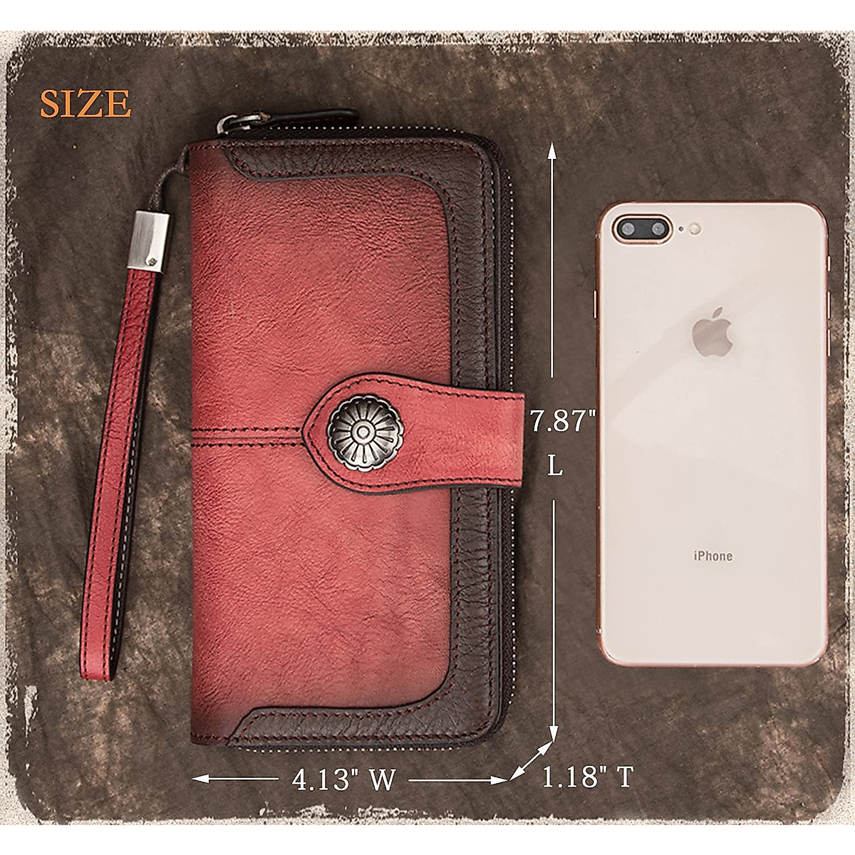 LETEULO Women's Leather Wallet Vintage Clutch Wallets Card Organizer Purse with Clutch Strap (Red)