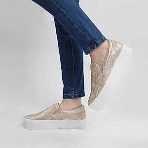 JABASIC Womens Fashion Sneakers Casual Slip On Platform Shoes Loafers (5M,Golden)