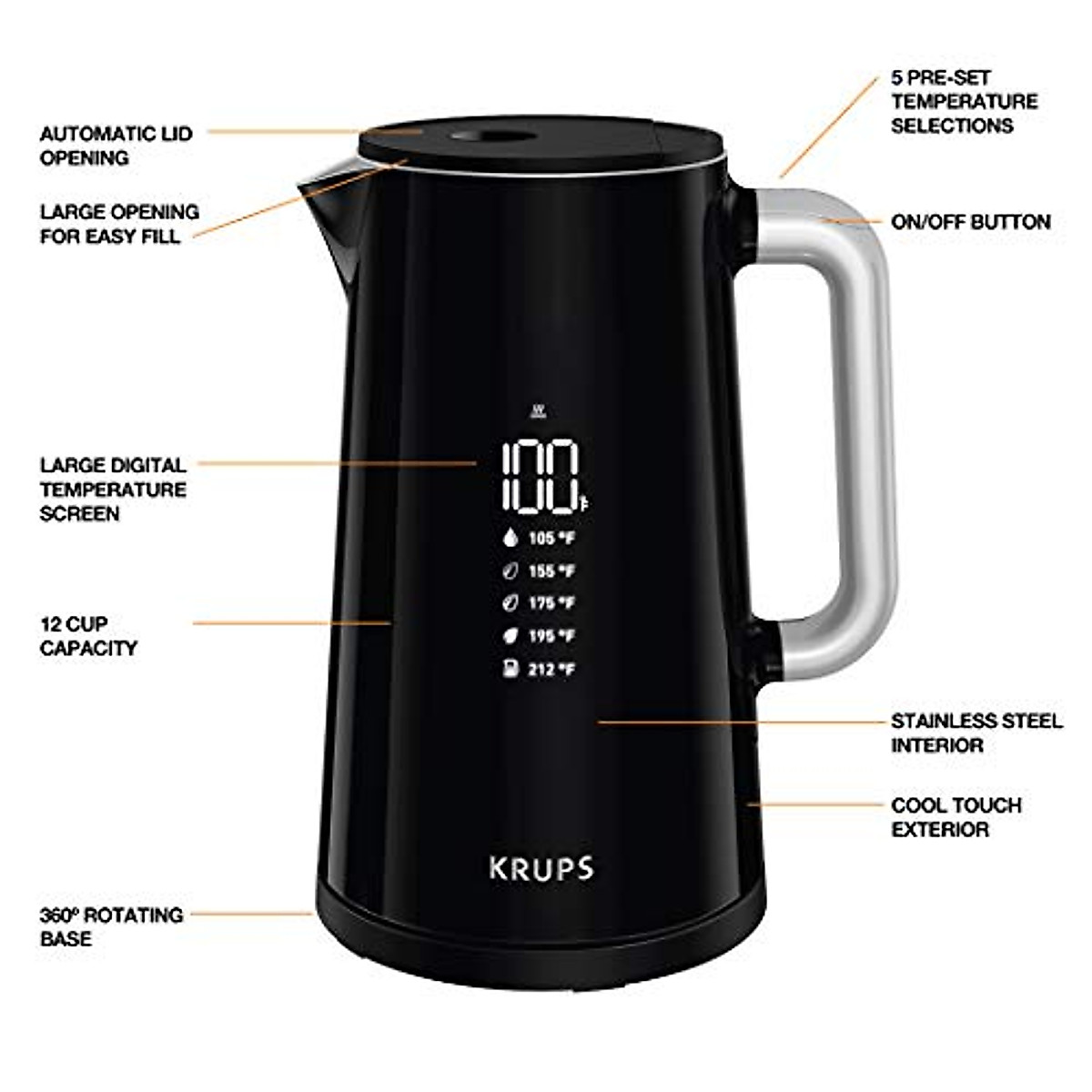 KRUPS BW801852 Smart Temp Digital Kettle: Prepare tea and coffee. Full Stainless Interior and Safety Off, 1.7-Liter, Black