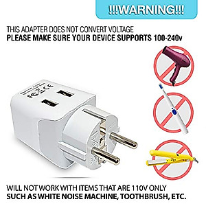 Ceptics Schuko, Germany, France, Spain Travel Adapter Plug with Dual USB - Usa Input Type E/F - Ultra Compact Perfect for Cell Phones, Laptop, Camera Chargers, iWatch, iPad, iPhone and More (CTU-9)