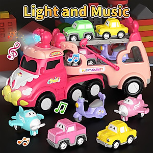 newcrave Toys for 1 2 3 Year Old Girl Truck, 7-in-1 Carrier Truck Cars Toys for Girl, Toddler Girls Toys Age 1-2 2-3, Princess Toy with Light & Sound, Easter Birthday Gifts for 1 2 3 Year Old Girls