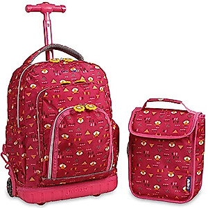 J World Lollipop Kids Rolling Backpack & Lunch Bag Set for Elementary School. Carry-On Suitcase with Wheels, Fox