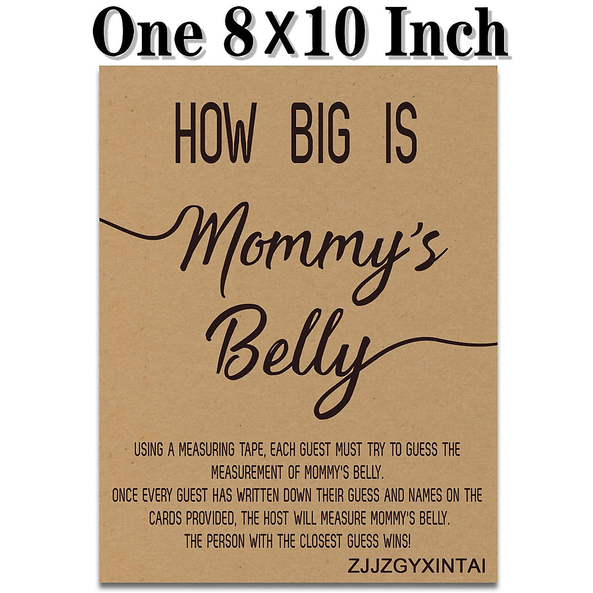 ZJJZGYXINTAI How Big is Mommy's Belly? Rustic Baby Shower Gender Neutral Game Includes 8x10 Inch Kraft Standing Sign and 50 Guessing Cards, 3 Rolls 120 Feet Measuring Tape