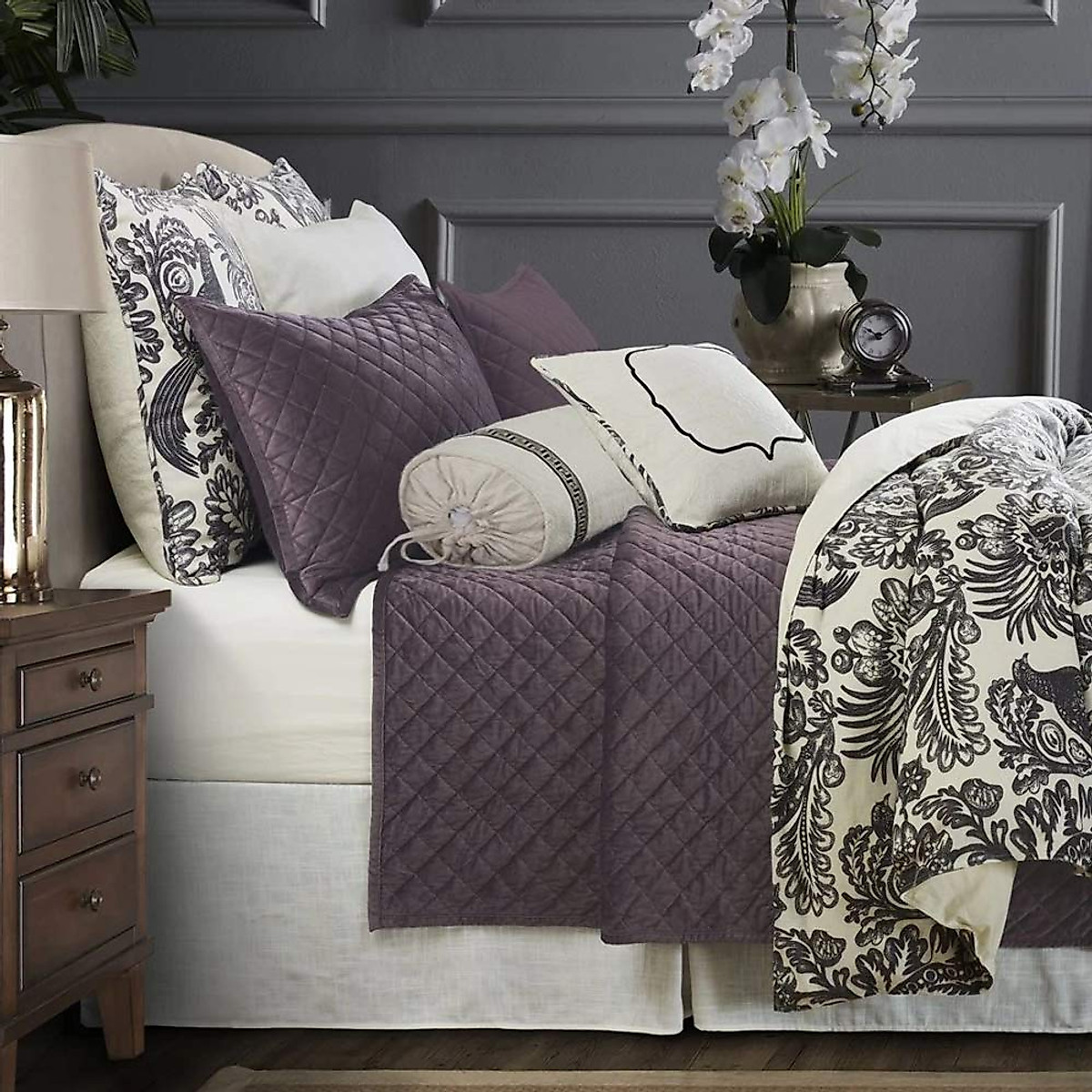 HiEnd Accents French Country Bedding Augusta Toile 7 Piece Duvet Cover Set with Duvet Cover, 2 Pillow Shams, 3 Euro Shams, 1 Decorative Pillow, Super Queen Size, Amethyst French Toile Bedding