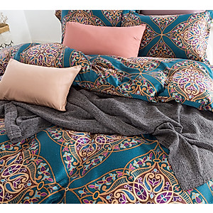 Get Bed Ready Venetian Damask Bohemian Paisley Duvet Cover Set Boho Chic Watercolor Medallion 400TC Egyptian Cotton Sateen Luxury Style Bed Linen (Teal, King)