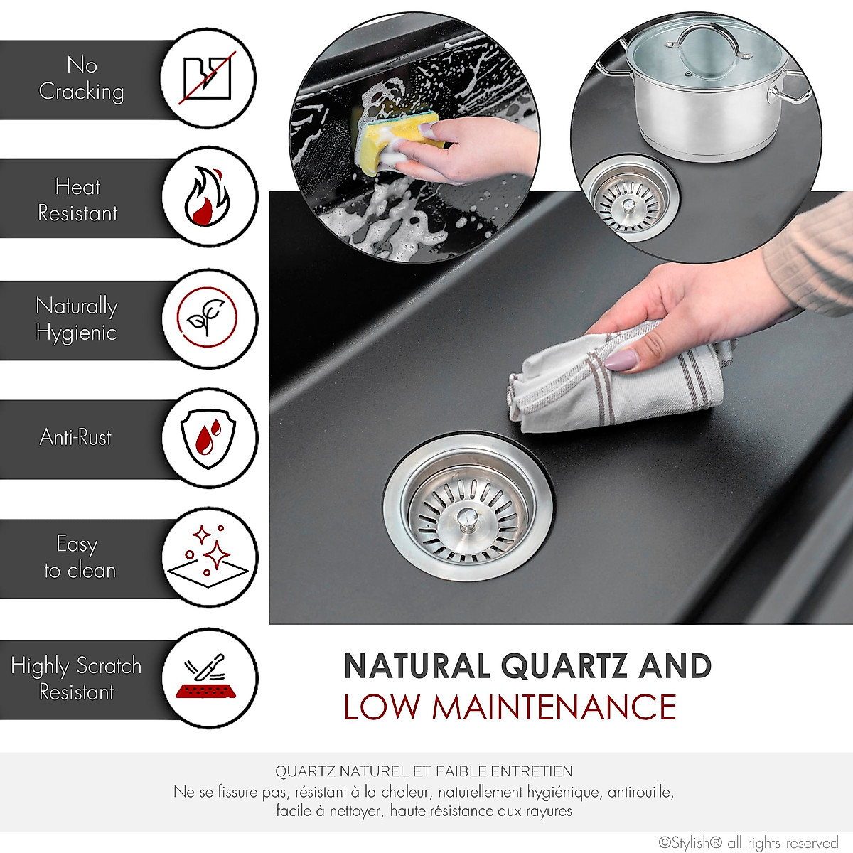 STYLISH 28 x 18 inch Workstation Dual Mount Granite Composite Single Bowl Reversible Kitchen Sink with Regular Strainer, Colander, Drying Rack and Cutting Board (Black) S-828WN