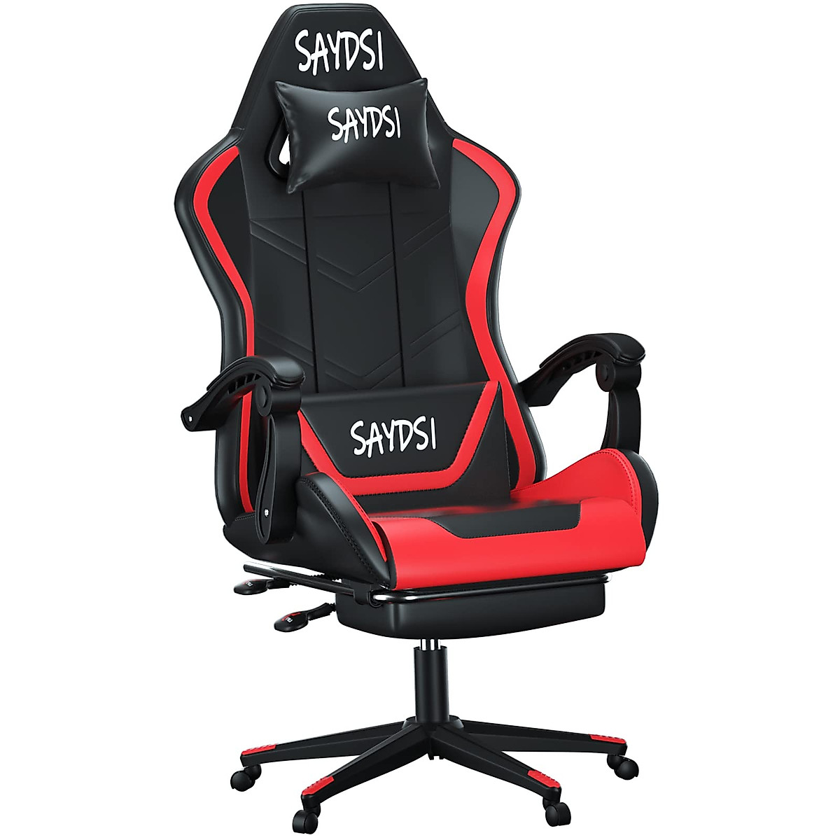 SAYDSI Gaming Chair Computer Chair Leather High Back Chair Racing Executive Ergonomic Office Chair with Height Adjustment, Footrest，Headrest and Lumbar Support Sports Swivel Chair(Red)