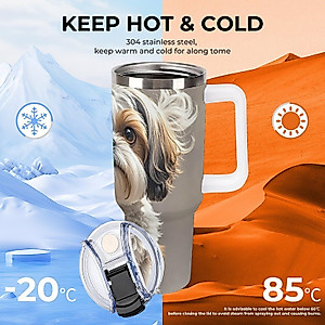 DWVSFJM Shih Tzu Dog Insulated Tumbler 40 Oz Stainless Steel Double Wall Vacuum Travel Mug Large Capacity Car Cup Reusable Coffee Cup with Handle And Straw Lid Gifts White