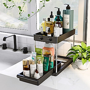 QualiapeX 2-Tier Under Sink Organizer, Kitchen Organization, Cabinet Storage Drawer Organizer with Hooks, Dividers, Handles, Bathroom Organizer, Easy-Grip & Hold-Out Sliding Drawer (Black 1 Pack)