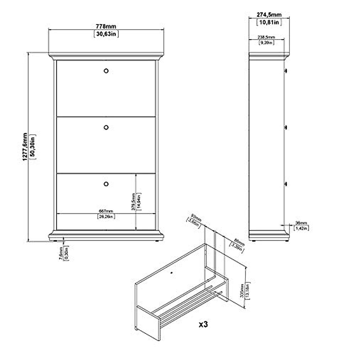 Tvilum Sonoma 3 Drawer Shoe Cabinet, White