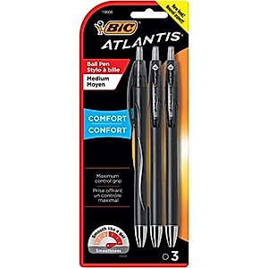 BIC Atlantis Comfort Retractable Ballpoint Pen, Medium Point (1.0mm), Black, Comfortable Grip For Added Control, 3-Count