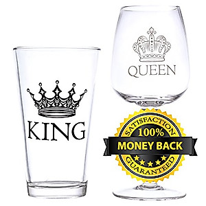 King Beer & Queen Wine Glass Set | Beautiful Gift for Newlyweds, Engagements, Anniversaries, Weddings, Parents, Couples, Christmas - Novelty Drinking Glassware (King Beer & Queen Wine Glass Set)