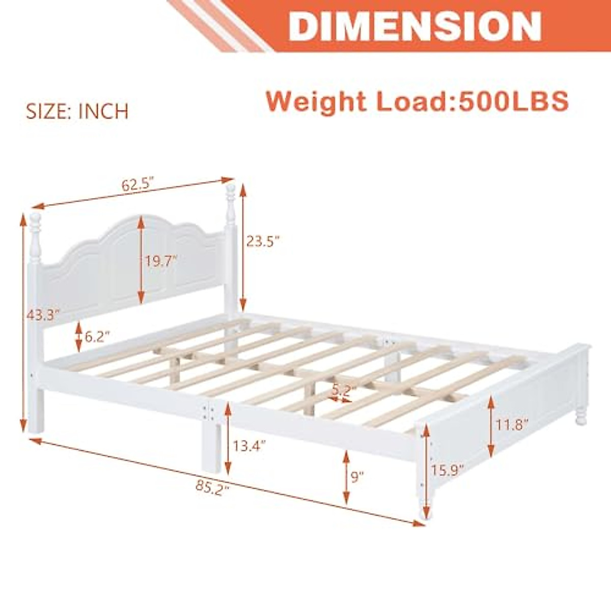 Queen Size Classic Wood Platform Bed Frame with Headboard, Solid Wood Foundation / No Box Spring Needed / Wood Slat Support / Easy Assembly for Family Bedroom Apartment Boys Girls Room (White, Queen)