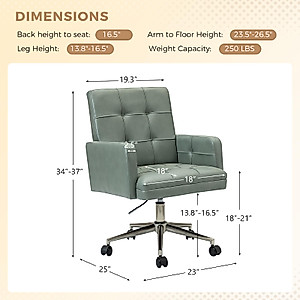 HULALA HOME Faux Leather Office Chair with Mid Back Support & Armrests, Mid Century Modern Tufted Home Desk Chair, Height-Adjustable Swivel Computer Task Chair for Study Bedroom Living Room, Sage