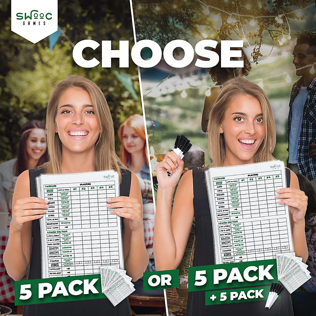 SWOOC Games - 5 Big Dry Erase Yardzee & Farkle Score Cards with 5 Markers (11.5in x 8in) | Large Laminated Reusable Pads & Pens for Giant Dice Games | Jumbo Yardzee Score Card and Farkle Score Sheets