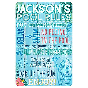 Personalized Pool Sign w/Name - Indoor/Outdoor Metal Sign for Garden, Patio, Hot Tub, Pool Deck | 7 Unique Designs | Customized Gifts for Swimming Pool Owners, Funny Backyard Decorations